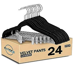 GVTECH Velvet Hangers with Clips, [24 Pack] Metal Clip Hangers for Pants - Notched Velvet Skirt Hangers for Pants, Skirts, Suit, Dresses & Shirts 360° Swivel Hook - Non Slip Felt Hangers (Black)