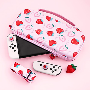 FUNDIARY Cute Strawberry Carrying Case for Nintendo Switch and Switch OLED, Cute Travel Accessories Bag for Switch and Switch OLED, Case with Adjustable Shoulder Strap and 2 Strawberry Thumb Caps