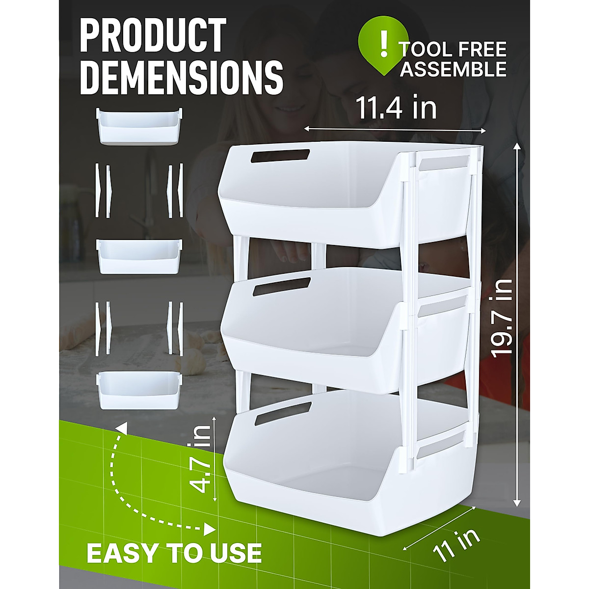 Skywin 3-Tier Plastic Stackable Storage Bins 11.4" x 11" x 19.7" with Brackets for Extra Protection - For Pantry Storage, Kitchen Storage, and Bathroom Storage (White)