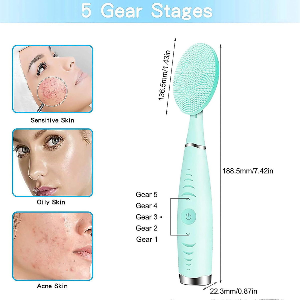 Sonic Facial Cleansing Brush, Lyrzzey Portable Handled Face Cleansing Brush with 5 Adjustable Speeds Vibrating Rechargeable Face Cleansing Brush for Deep Cleaning Gentle Exfoliating Massaging(Blue)