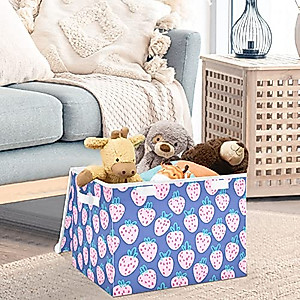 CaTaKu Strawberry Cute Blue Storage Bins with Lids Fabric Large Storage Container Cube Basket with Handle Decorative Storage Boxes for Organizing Clothes Shelves