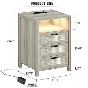QFP Night Stand, Nightstand with Charging Station, Color-Adjustable LED Bedside Table, 24 Inch Tall Solid Wood Frame 3 Rattan Drawers, Table for Bedroom Living Room Sofa Couch (Ivory Gray)