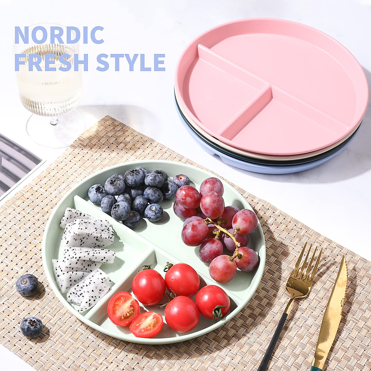 9" Unbreakable Divided Dinner Plate / 5 Wheat Straw Plastic Round Dinner Plates / Colorful Reusable 3 Compartment Dinner Plate / Microwave & Dishwasher Safe, Bpa Free, Child/Adult Separate Plates