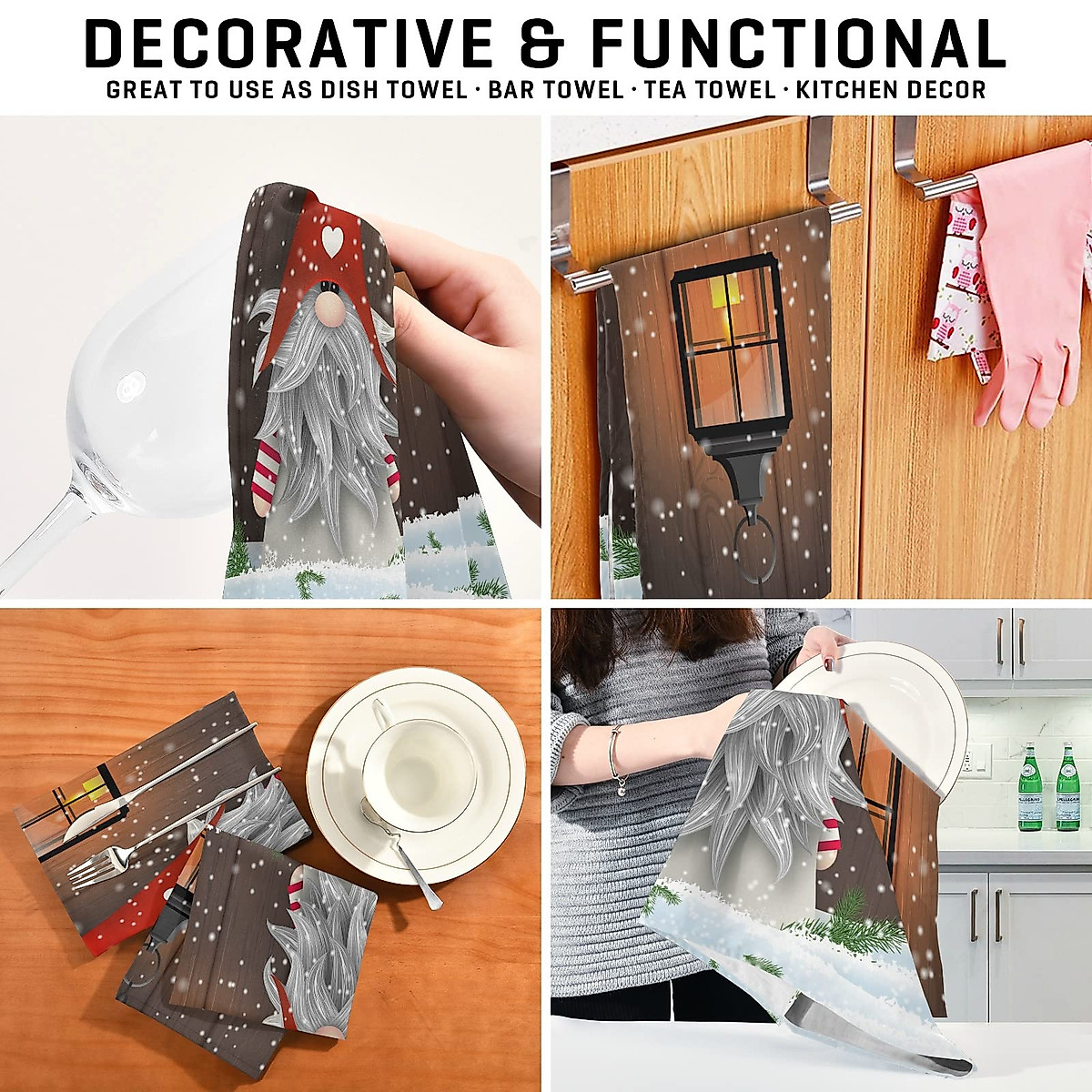 Winter Gnomes Lantern Kitchen Dish Towels Set of 4, Dwarfs Snowflake Landscape Dishcloths Absorbent Lint-Free Towel 18x28Inch Drying Clean Cloths Home Daily Use