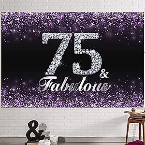 HAMIGAR 6x4ft Happy 75th Birthday Banner Backdrop - 75 & Fabulous Birthday Decorations Party Supplies for Women - Purple