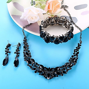 FIASASO Black Bridal Jewelry Set for Women Rhinestone Wedding Necklace Bracelet Dangle Earrings for Bride Bridesmaid Prom Jewelry Accessories