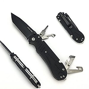 7.8“ Multitool Pocket Knife, Tanto Folding Knife Camping Fishing Tool for Men, 5 in 1 Multitool Knife with Bottle Opener Screwdriver Rope Cutter Box Opener Glass Breaker