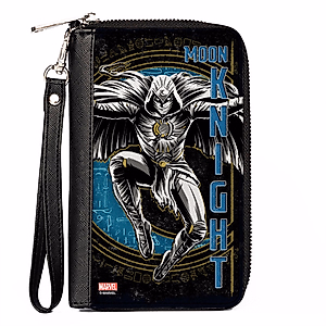Buckle-Down Marvel Comics Wallet, Zip Around, Moon Knight Jumping Action Pose Black Blues, Vegan Leather