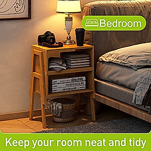 End Table Set of 2 Bamboo Stackable Bedside Table Living Room Nightstand 2-Tier Storage Shelf Wood Sofa Table for Small Space Bed Room Living Room