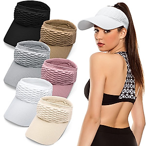 6 Pieces Women Sun Visor Hat for Women Knitted Hats Elastic Sports Hat Empty Top Quick Drying Wide Brim Golf Hat (Black, White, Gray, Light Coffee, Beige, Pink)