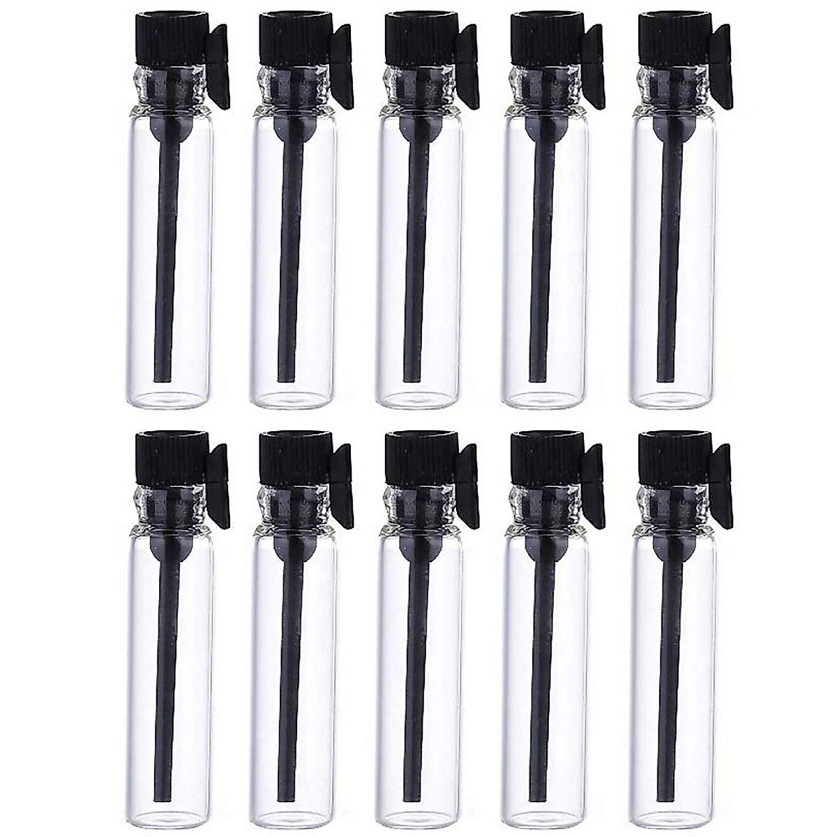Teensery 100 Pcs Empty Perfume Sample Bottles Mini Glass Refillable Sample Vial Containers with Black Cap for Aromatherapy, Essential Oil, Fragrance and Liquid (1ml)
