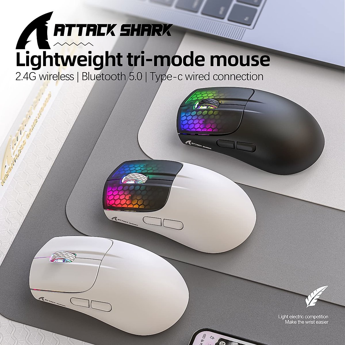 ATTACK SHARK X5 Wireless Gaming Mouse with Tri-Modes BT 5.1/2.4Ghz/USB-C,Lightweight 49g,PAW3212 Optical Sensor,Rechargeable Battery,RGB LED Honeycomb Mice for PC/Tablet/Desktop/Office/Games-Black