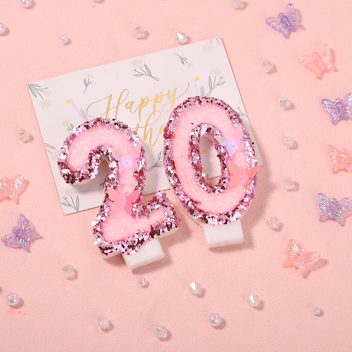 Girls Birthday Number 20 Candles, 2.95in Glitter Butterfly Happy Birthday Cake Toppers Pink Sequins Wedding Numeral Cupcake Decorations for Anniversary Celebration Party Supplies (20th)