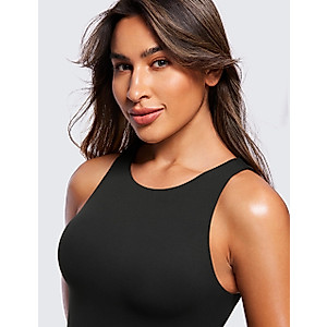 CRZ YOGA Butterluxe Sleeveless Bodysuit for Women High Neck Double Lined Sexy Tank Tops Racerback Thong Jumpsuits Black Medium
