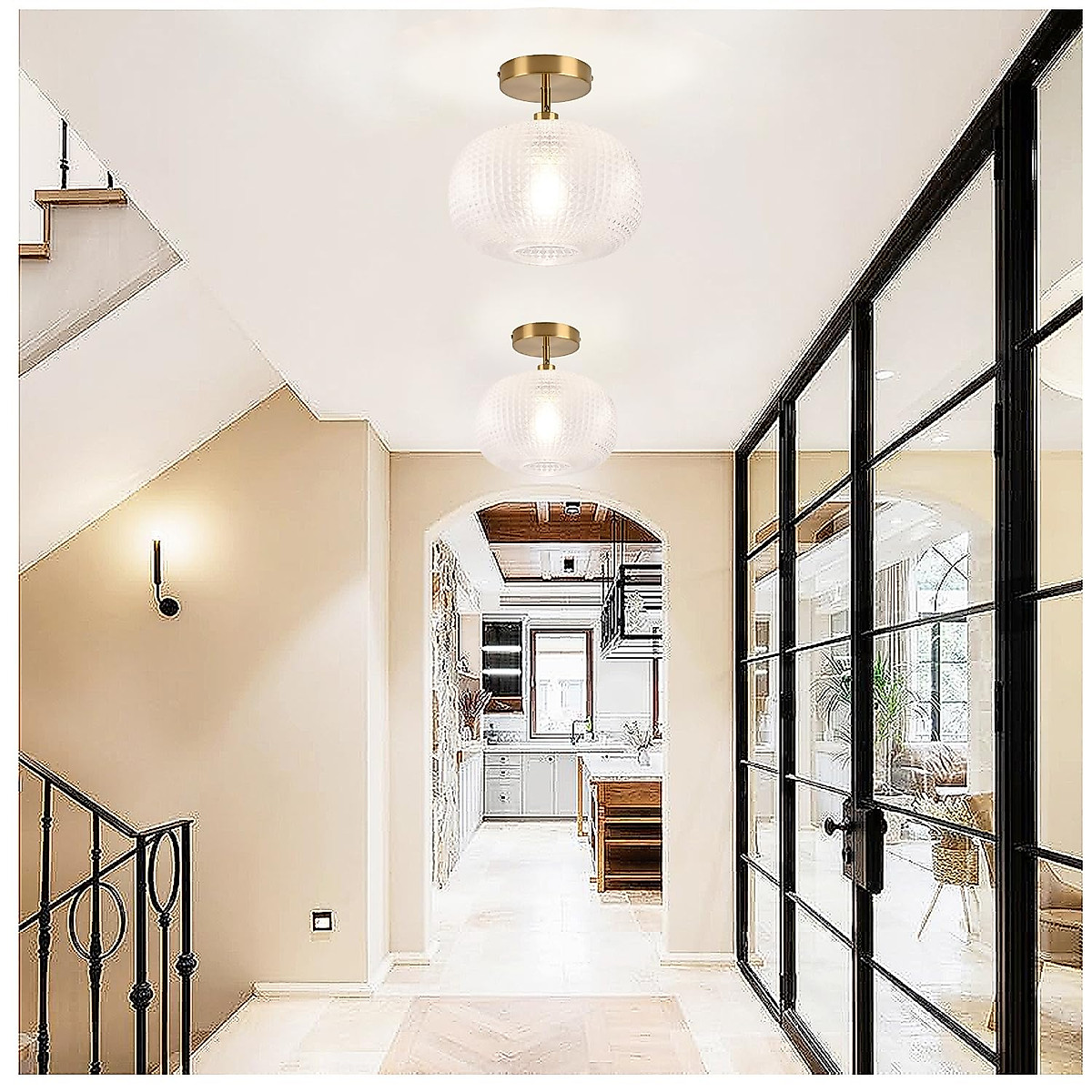 Gold Semi Flush Mount Ceiling Light Fixture,Hallway Light Fixtures,Industrial Close to Ceiling Light,Globe Glass Ceiling Light Fixture,Vintage Ceiling Lamp,Farmhouse Light for Bathroom Entryway