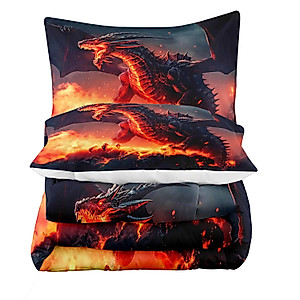 LUVIVIHOME 3PCS Fire Dragon Comforter Set Full Size, Kids Teens Boys Comforter, Black Red Dragon Bedding, Cool Fantasy Dragon Bedroom Decor, Dragon Gifts for Men, Soft Microfiber Quilt, 2 Pillow Shams