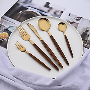 Uniturcky 20-Piece Silverware Set for 4, Stainless Steel Flatware Tableware Set, Mirror Polished Tableware Cutlery Set for Family Kitchen Restaurant, Faux Wooden Handle, Dishwasher Safe(Gold & Brown)