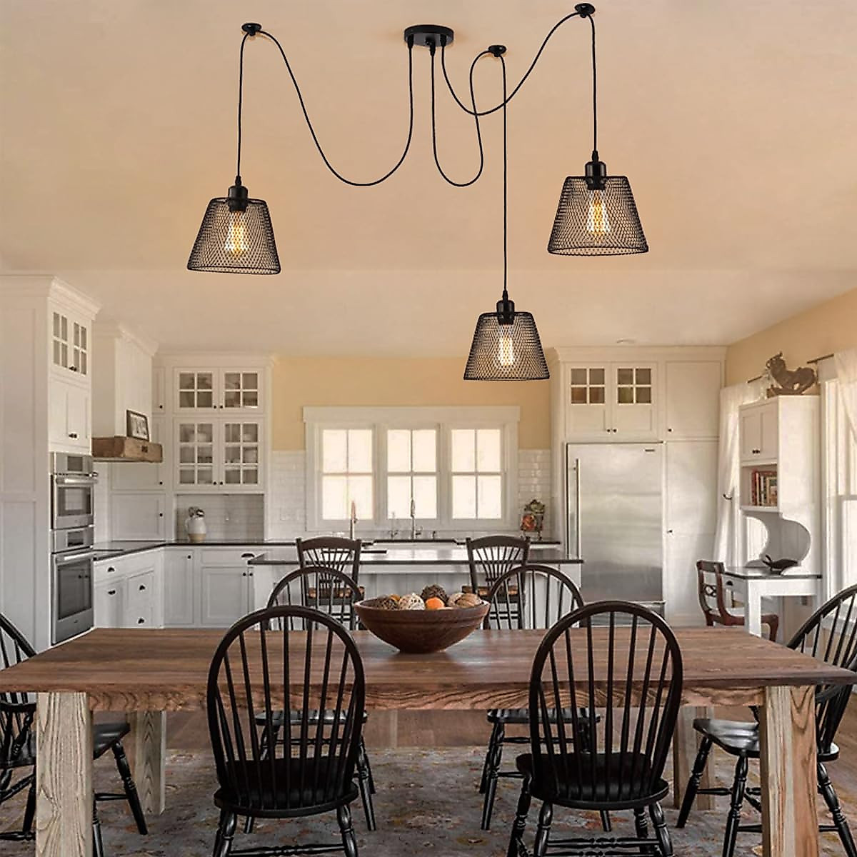 Modxian Farmhouse Retro spider Pendant Light Fixture, E26 Living Room Spider Light with Black Collapsible Metal Cage Lampshade, DIY Pendant Ceiling Light for Kitchen Island (Pendant Light)