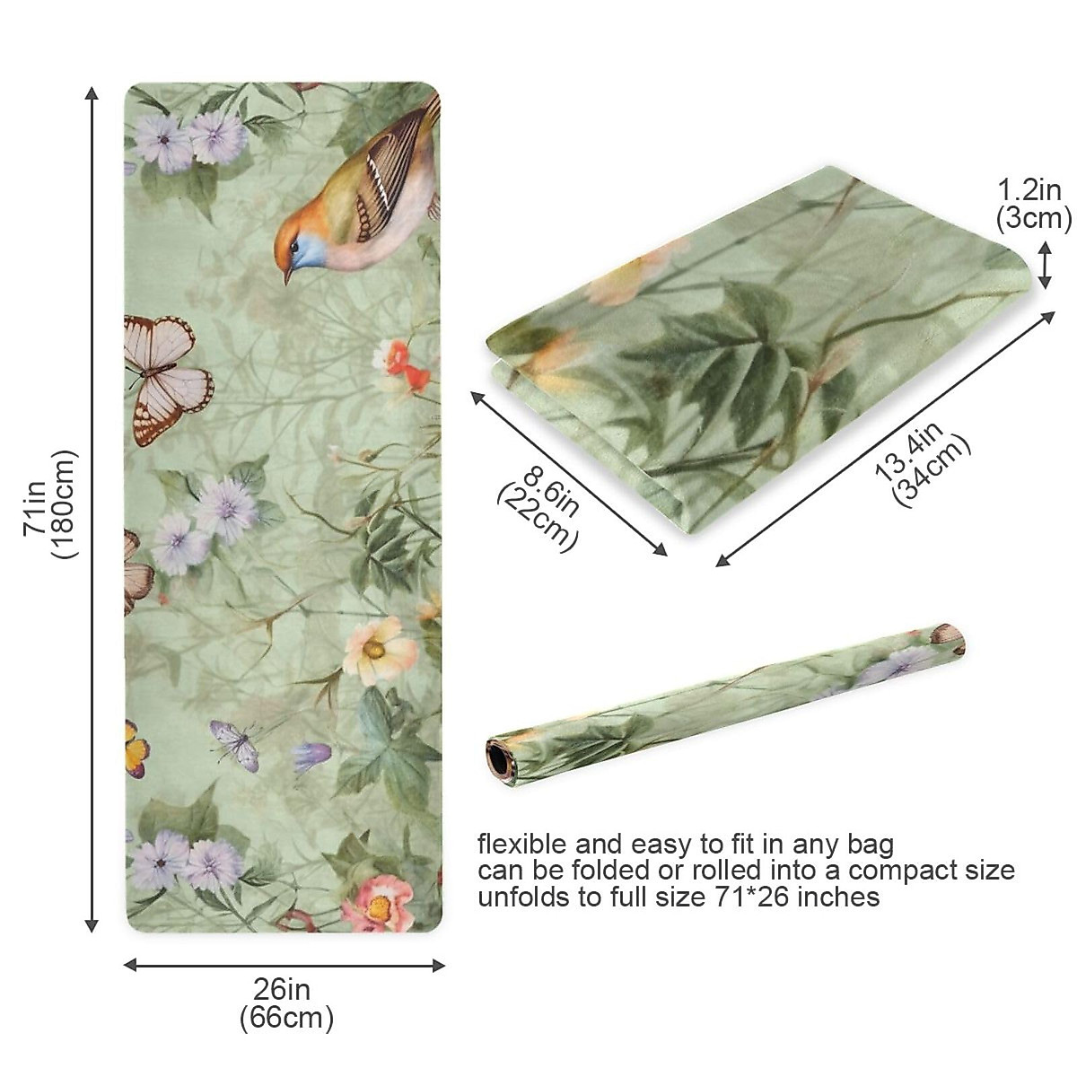 GOODOLD Flower and Bird Green Yoga Mat, 71 x 26 Inch Non-slip Yoga Mats Folding Travel Exercise Mat Indoor Outdoor Gym Pilates with Storage Bag for Women Men