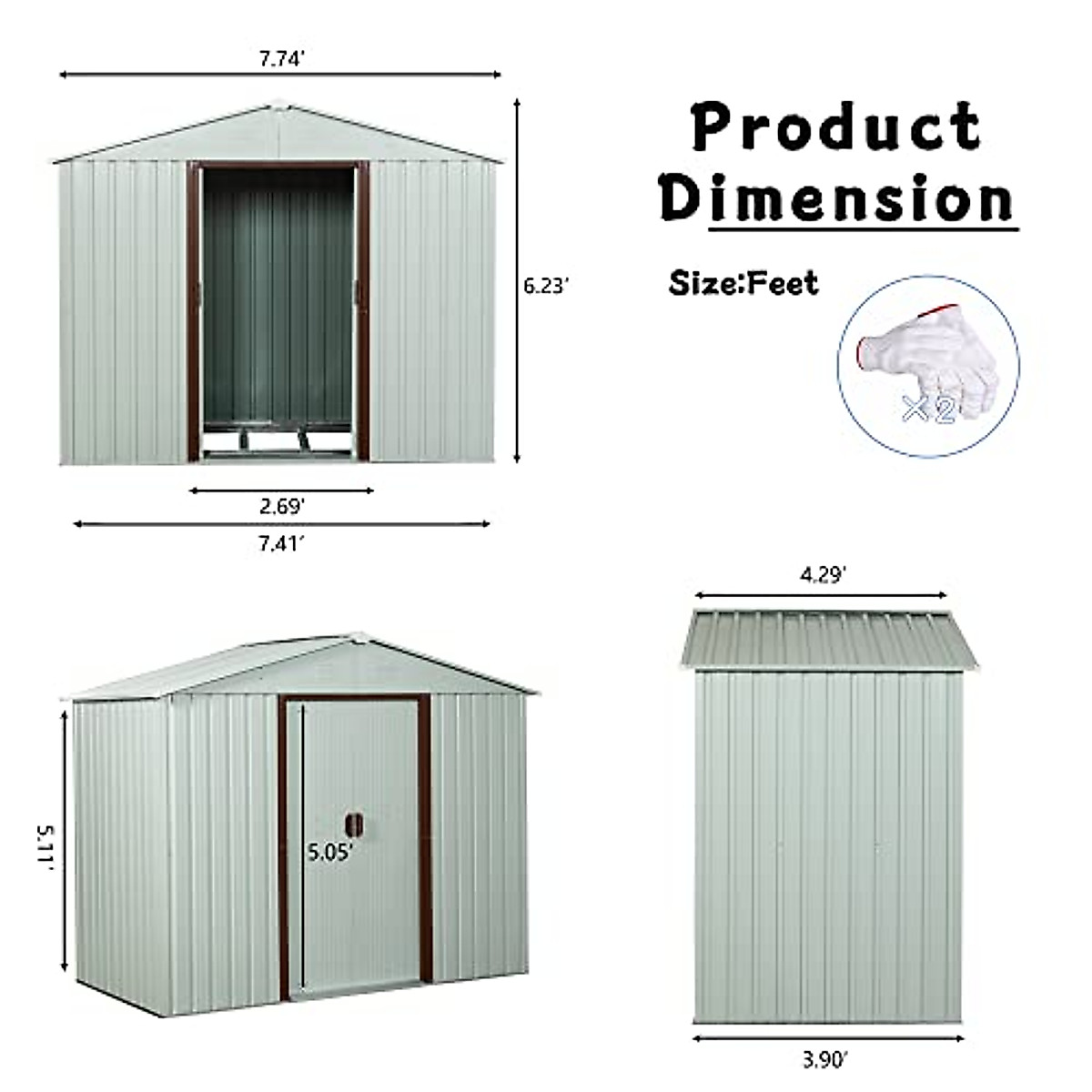 GLANZEND 8 X 4 Feet Outdoor Storage Shed, Metal Utility Tool Shed with Waterproof Sloping Roof, Punched Vents and Sliding Lockable Doors, Garden Storage House for Backyard Lawn, White