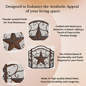 BestGiftEver 3-Panel Fireplace Screen Decorative with Stars & Scrolls Detail - Stand Alone Fireplace Cover Metal Mesh Screen - Home Decor for Cabin, Lodge, and Rustic Country Style Firescreen