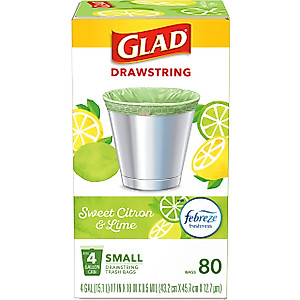 Glad Small Kitchen Drawstring Trash Bags – 4 Gallon Green Trash Bag Febreze , Sweet Citron & Lime, 80 Count (Package May Vary)