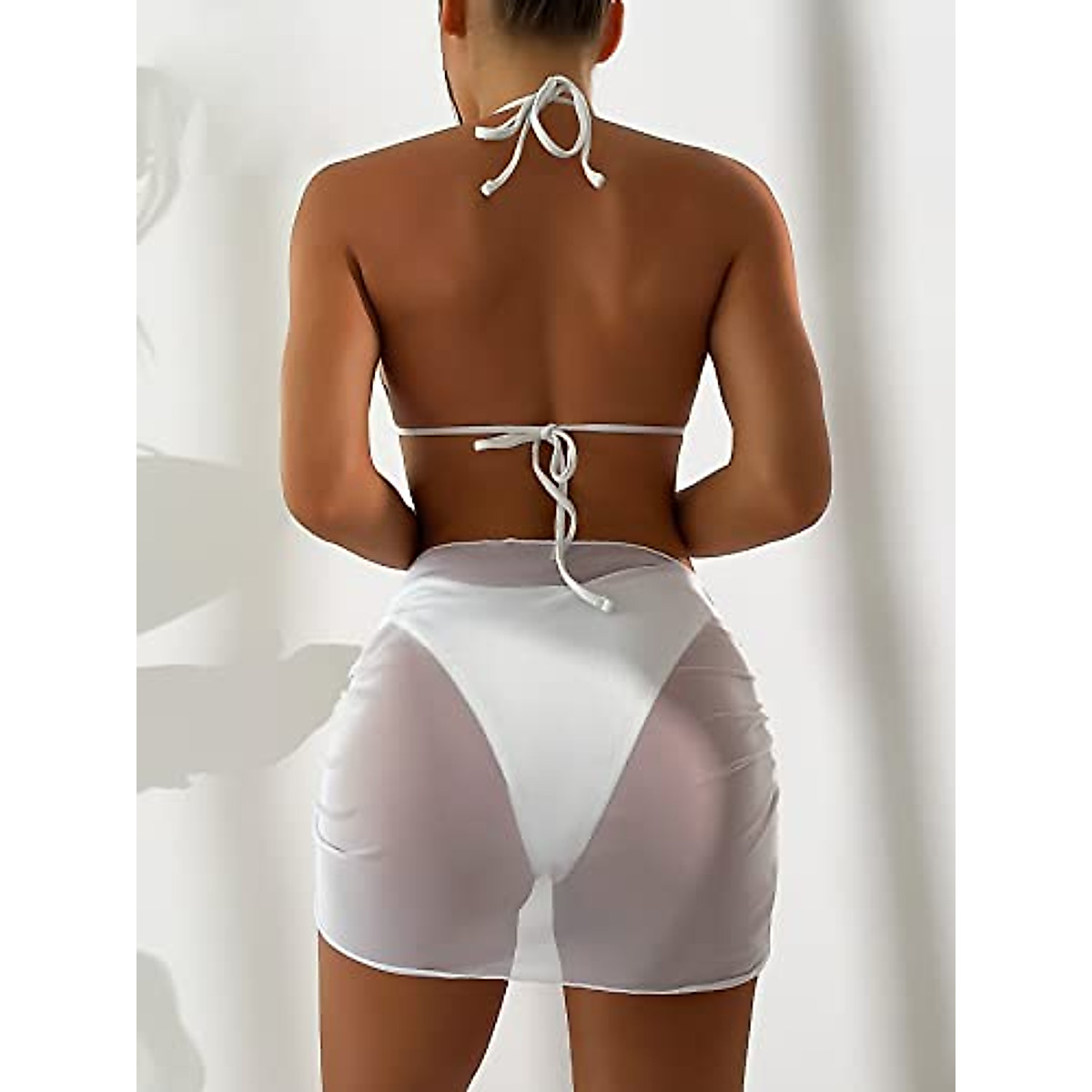 WDIRARA Women's Ring Halter Triangle Bikini Swimsuit 3 Piece Tie Back with Cover Up Bathing Suit White XXL