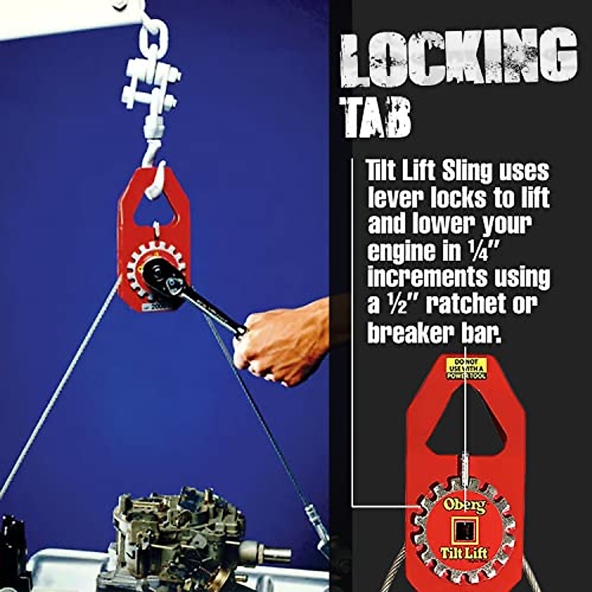 Oberg Tilt Lift - Engine Hoist Sling | No Chain Hoist Hassle | 1 Ton Capacity | 45 Degree Tilt | Single Hand Operation | Easy Engine Swap | Mounting Cleats Fasten to Any Engine | 3 to 1 Safety Factor