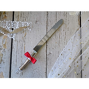 Abbie Home Wedding Anniversary Cake Knife and Server Set in Grey and White- Silk Bow Tie and Red Rose Rhinestone Lace Decoration (Cake Knife&Server Set)