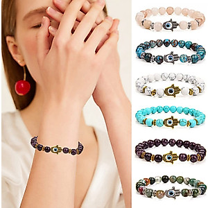 FINZOR 10Pcs Evil Eye Charm Beaded Bracelets for Women Men Semi-Precious Gemstones Bracelets Crystal Bracelet Hamsa Hand of Fatima Turkish Evil Eye Lucky Bracelet for Protection Blessing