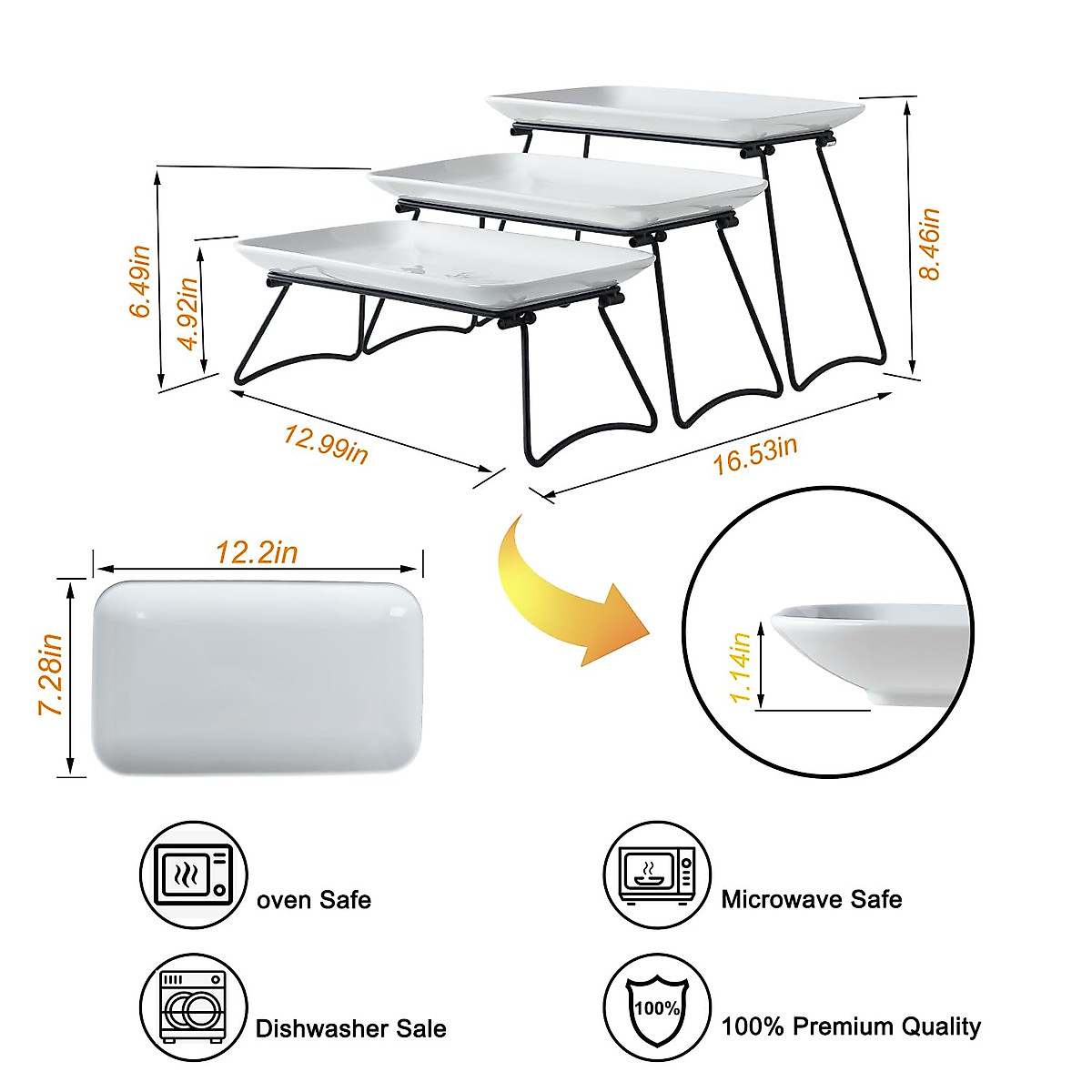 HAPPY KIT 3 Tier Serving Tray Set and Tiered Tray Stand,12 Inch Widened Porcelain Platters with Freely Combinable Rack,Decor Cupcake Stand for Christmas Party Display,Dessert Trays Collapsible