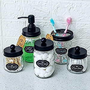 Mason Jar Bathroom Accessories Set 5 Pcs-Bathroom Sets Includes Foaming Mason Jar Soap Dispenser, Toothbrush Holder, 3 Apothecary Jars, for Country Countertop Rustic Farmhouse Decor Organizer (Black)