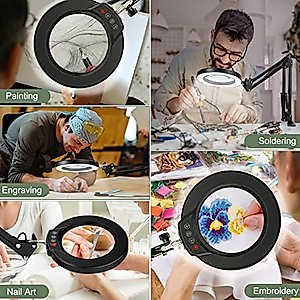 Krstlv 5X Magnifying Glass with Light and Clamp, Upgrade Button 5 Color Modes, Stepless Dimmable LED Lighted Desk Lamp, Hands Free Magnifier with Light and Stand for Craft Hobby Reading Close Work