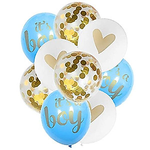 Blue, Boy Baby Shower Decoration Set, Rustic Welcome Baby Banner, 2 - Blue Metallic Curtains, Gold, Blue and White Baby Shower Decor Kit, Blue and White Balloons