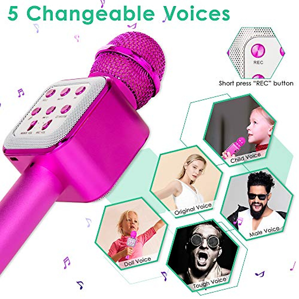 KIDWILL Wireless Bluetooth Karaoke Microphone for Kids, 5-in-1 Portable Handheld Karaoke Mic Speaker Player Recorder with LED Lights for Kids Girls Boys Teens Birthday (1818-Hot Pink)