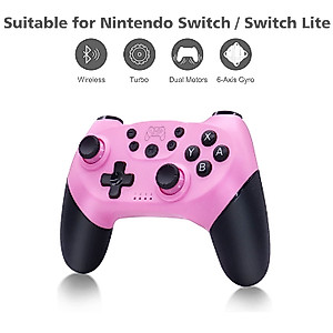Rzzhgzq [2024 New Version] Wireless Controller for Switch/Switch Lite,Pink Switch Pro Controller Gamepad Joypad Remote with Gyro Axis, Turbo and Adjustable Dual Shock Wireless Controller for Girl