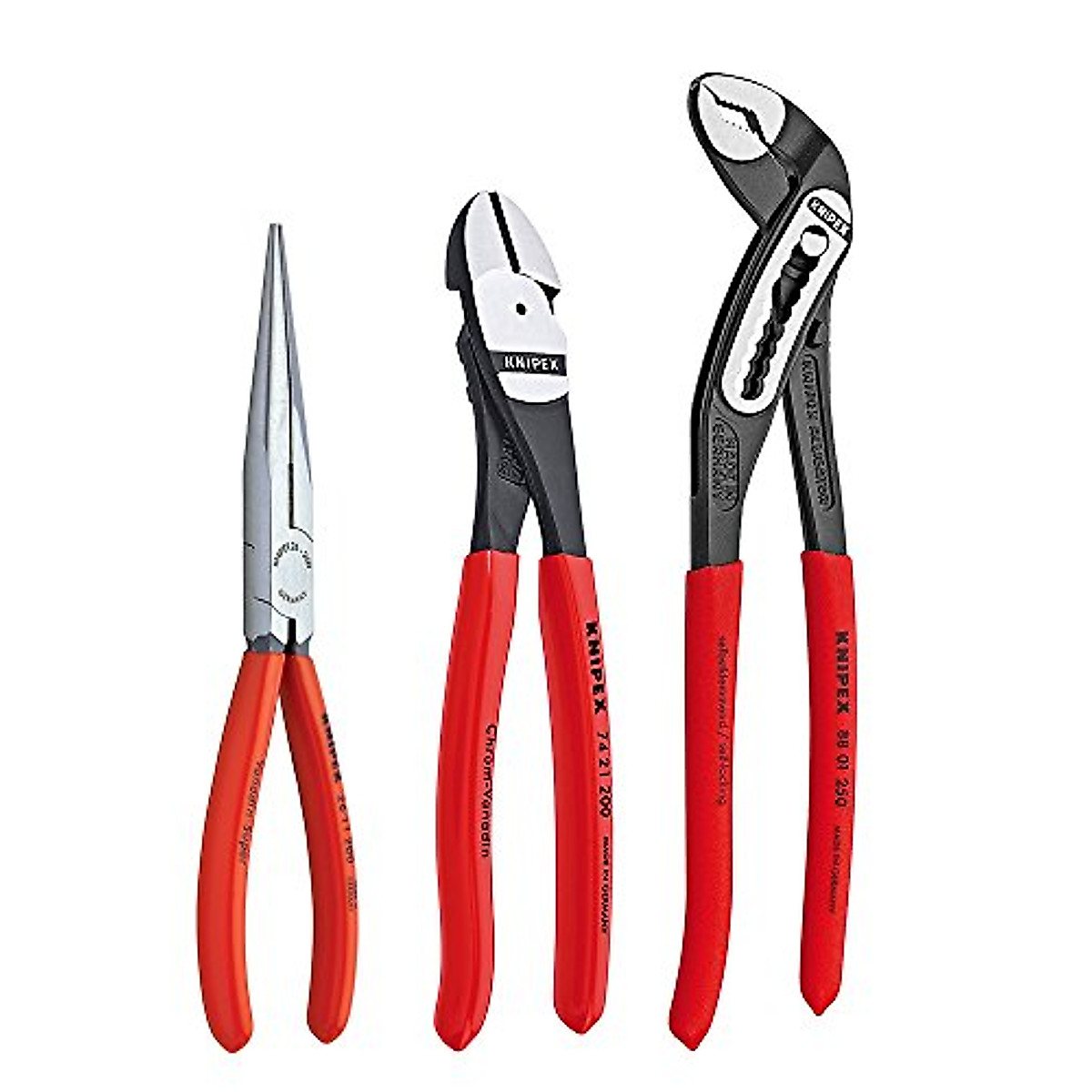 KNIPEX Tools 00 20 08 US1 Long Nose, Diagonal Cutter, and Alligator Pliers 3-Piece Tool Set, Red (Packaging May Vary)