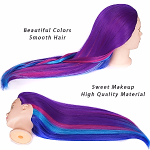 Training Head 26"-28'' Mannequin Head Hair Styling Manikin Cosmetology Doll Head Synthetic Fiber Hair Hairdressing Training Model Free Clamp Exquisite Gifts (Purple Four Colors)