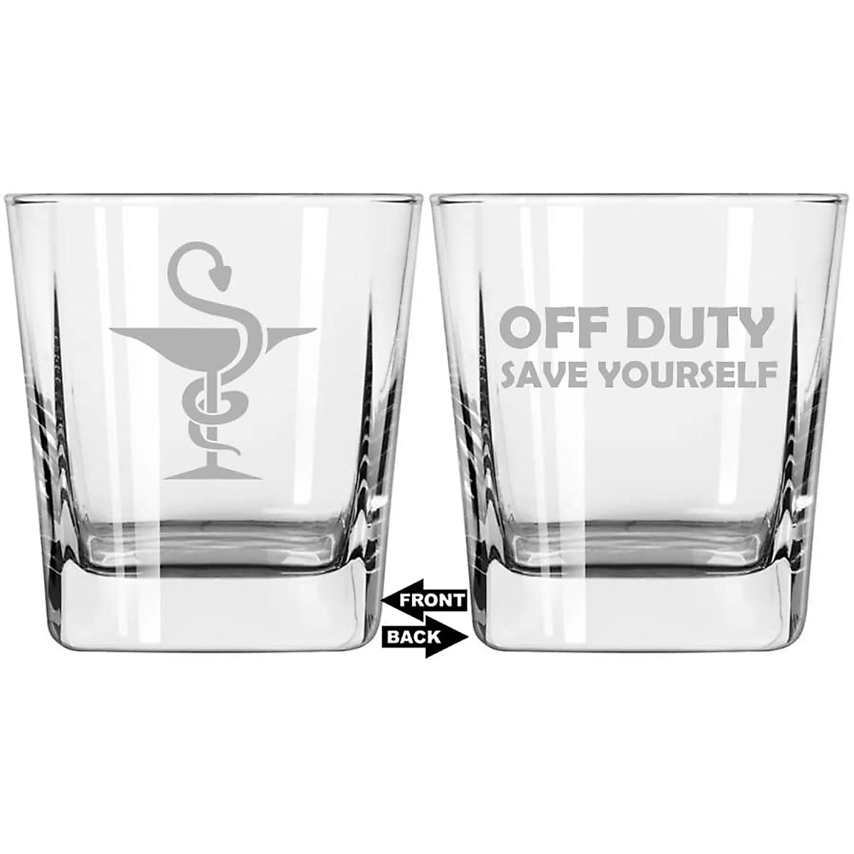 MIP Brand 12 oz Square Base Rocks Whiskey Double Old Fashioned Glass Two Sided Pharmacist Pharmacy Off Duty Save Yourself