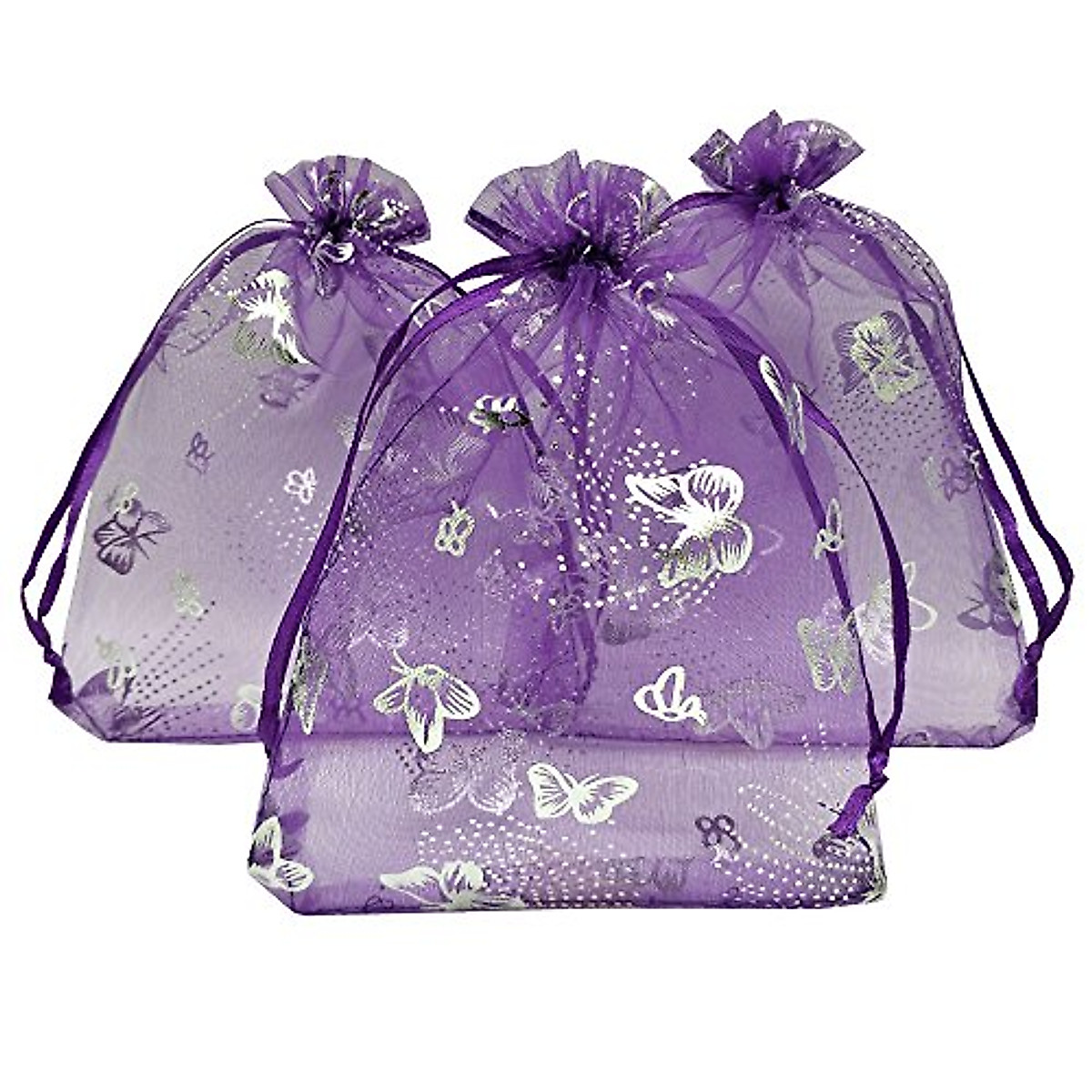 Ankirol 100pcs Sheer Organza Favor Bags Purple Butterfly Print for Wedding Bags Samples Display Drawstring Pouches (5x7)