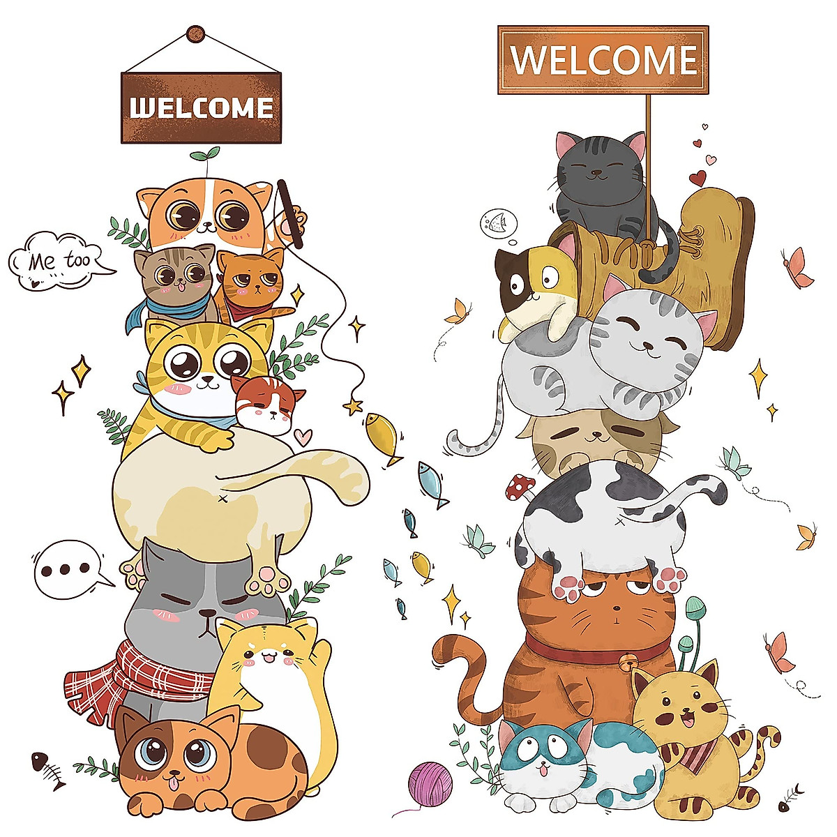 RAINBOW WSK Animal Cat Wall Decal Welcome Peel and Stick Wall Decor Funny Cat Wall Decor for Kids Girls Bedroom Nursery Cute Cat Wall Art for Classroom Door Removable Vinyl Wall Stickers