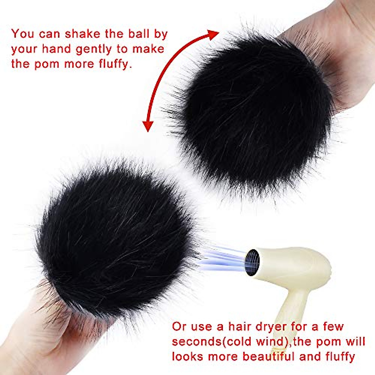 Fur Pom Poms for Hats, 6PCS 4 Inch Faux Fur Pom Pom Balls Fluffy Pompoms for Crafts with Elastic Loop 3 Colors for Keychains Scarves Gloves Bags Knitting Supplies