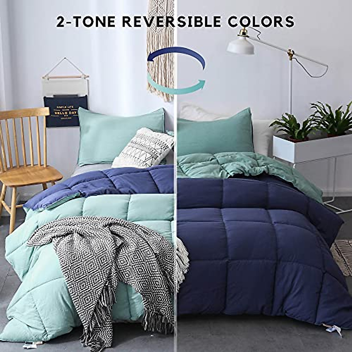 KASENTEX All Season Down Alternative Quilted Comforter Set Reversible Ultra Soft Duvet Insert Hypoallergenic Machine Washable, King, Turquoise Sea Green/Twilight Blue