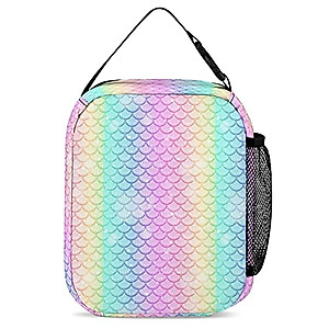 Mrokouay Mermaid Fish Scale Rainbow Custom Backpack for Boys Girls Add Your Name Personalized Backpack 3 Piece Set Customization Book Bag with Lunch Bag and Pencil Case