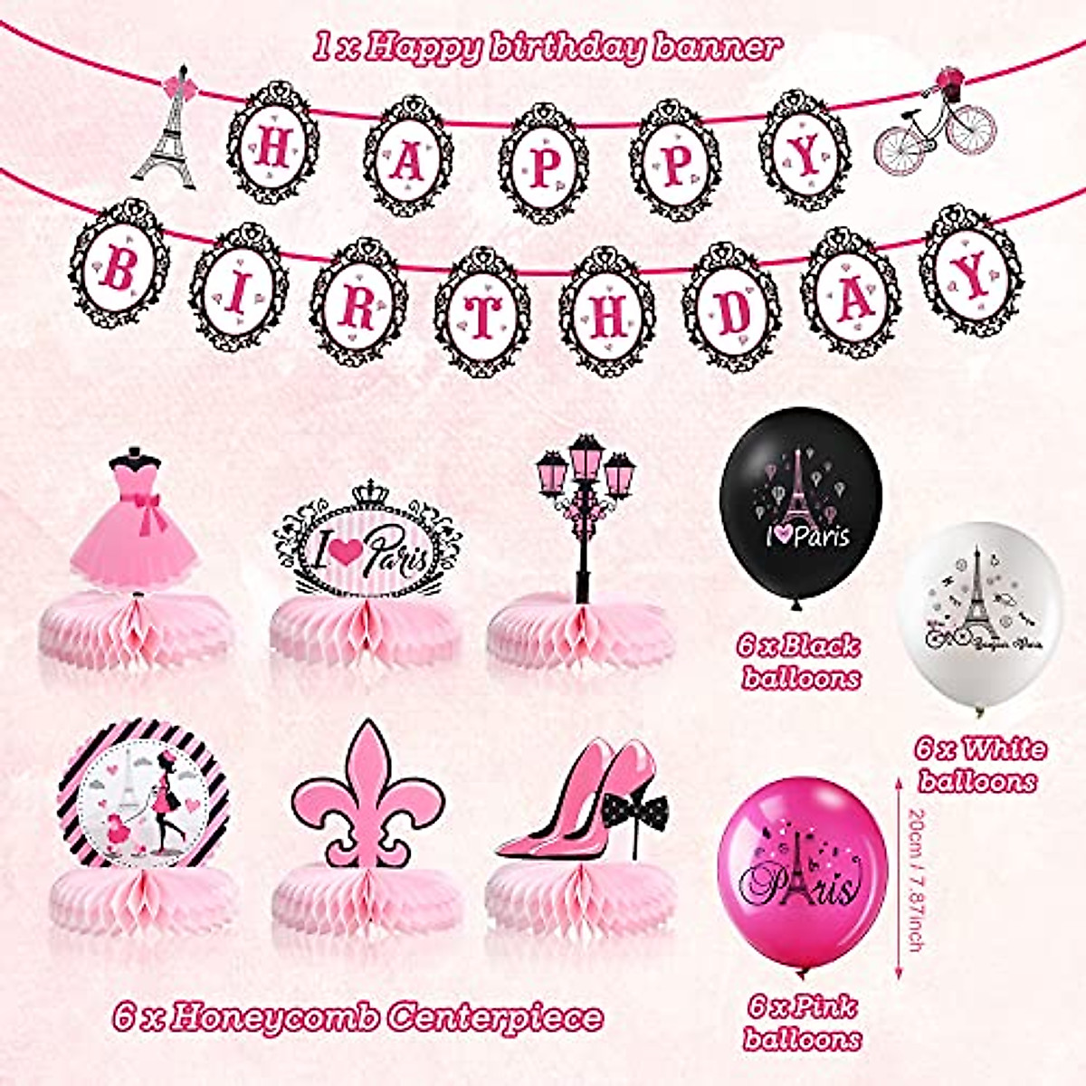Paris Party Decorations Set, Pink Paris Happy Birthday Banner I Love Paris Honeycombs Centerpieces Eiffel Tower Balloons Decor for Paris Birthday Party Girl Party Baby Shower Supplies