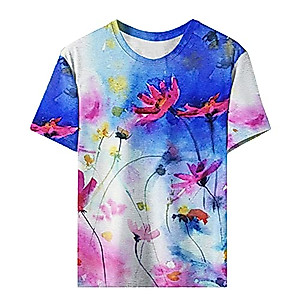Dress Shirt Women 2023 Summer Casual Shirts Vintage Floral Graphic Blouse Tops Crewneck Short Sleeve Fashion Comfy T-Shirt Red M