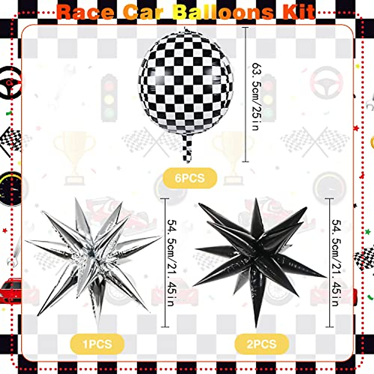 6 Pcs Race Car Checkered Balloons 3 Pcs Explosion Pointed Star Foil Balloons for Racing Party Decorations, 22'' Jumbo Sphere 4D Black and White Checkered Flag Mylar Balloons for Birthday Party