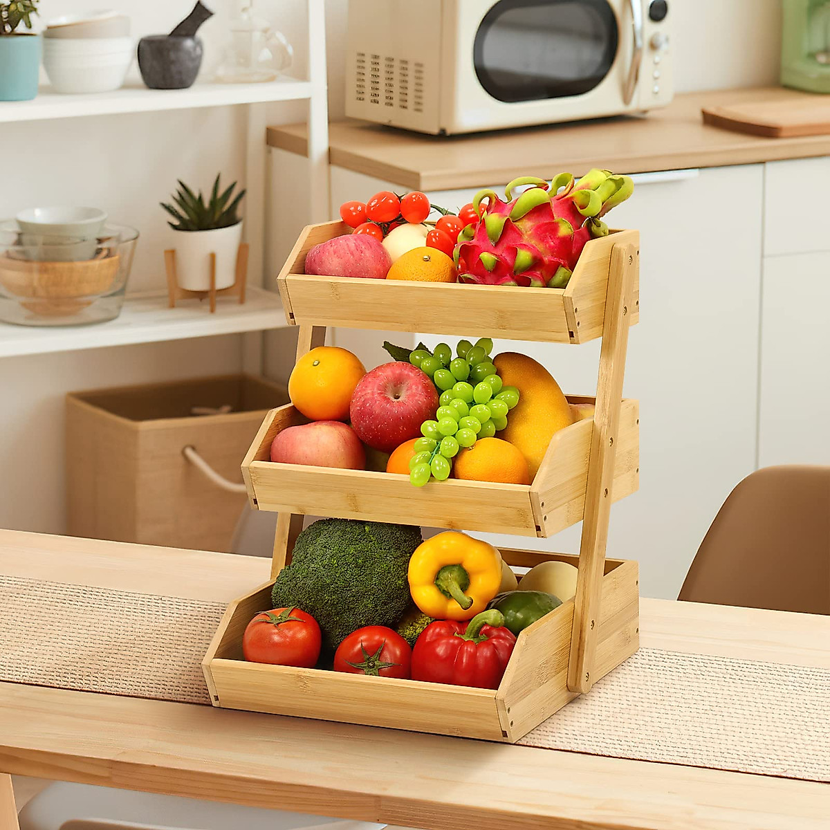Mxbamhyc Bamboo Fruit Basket,3-Tier Fruit Bowl for Kitchen Counter, Large Capacity Vegetable Storage Holder,15 mm Thickness