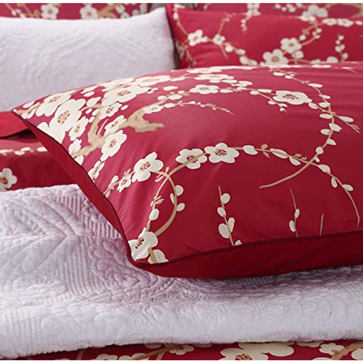 Brandream King Size Duvet Cover Set Japanese Oriental Style Cherry Floral Red Blossom Flower Branches Print Chinoiserie Bedding Pillowcases Set 800TC Egyptian Cotton Sateen Botanical Tree 3 Piece
