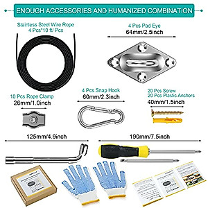 Shade Sails Installation Kits,Sun Shade Sail Hardware Kit with 4pcs 10ft Length Extension Nylon Wire Rope,Shades Awning Kit for Triangle Rectangle Shade Canopy,304 Stainless Steel, Patio Outdoor